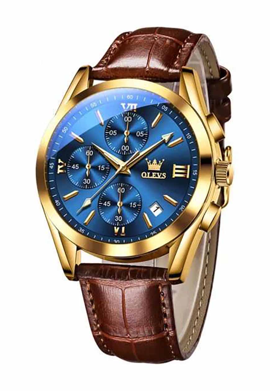 Olevs Men’s Quartz Chronograph Leather Belt Watch 2872BRBU | Wafilife