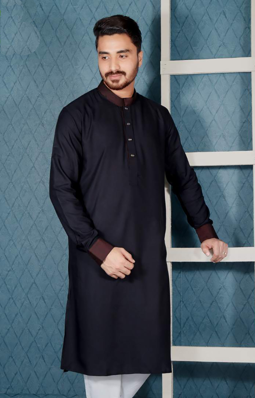 Black Solid Contrast Panjabi | Wafilife
