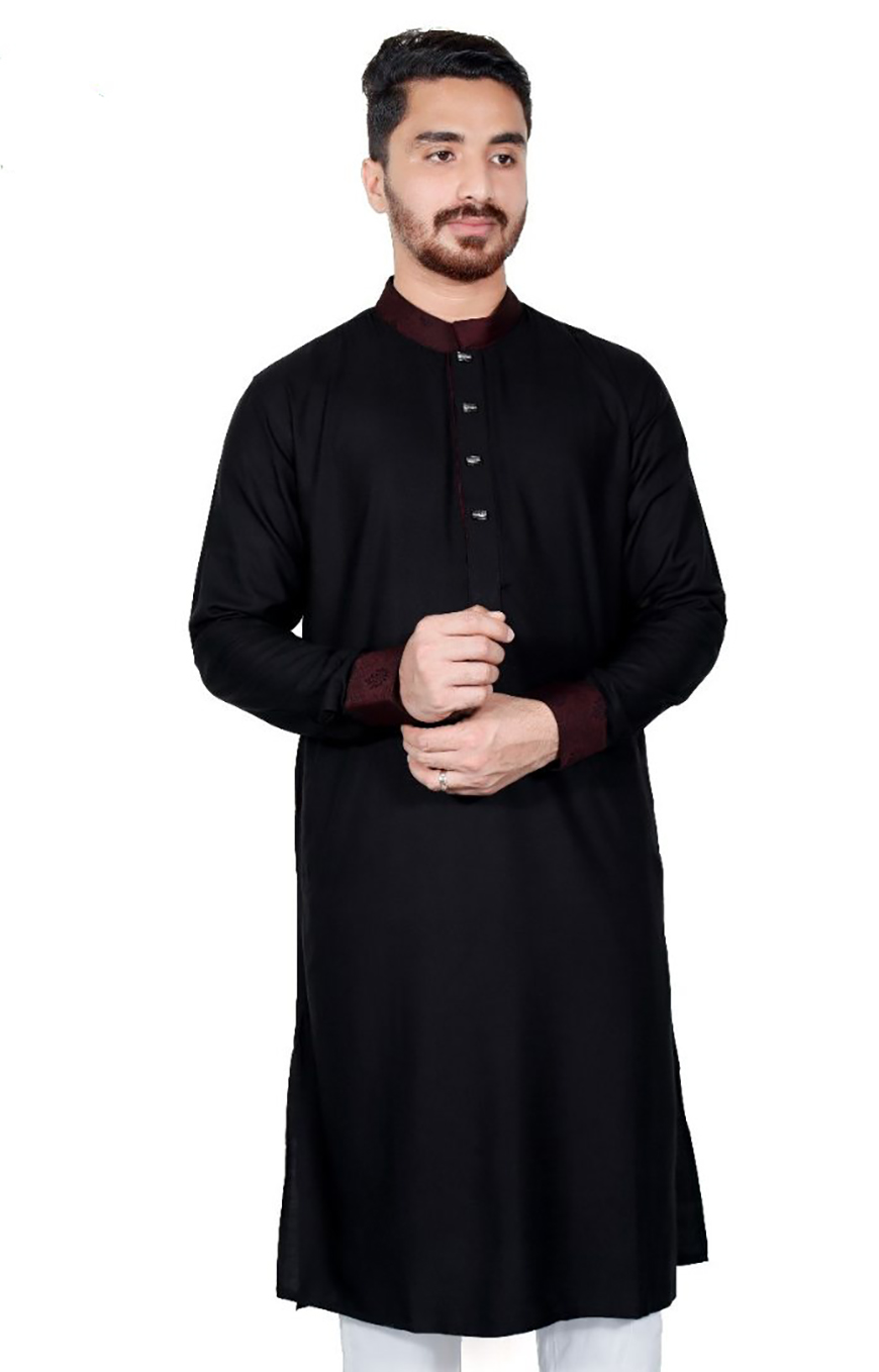 Black Solid Contrast Panjabi | Wafilife